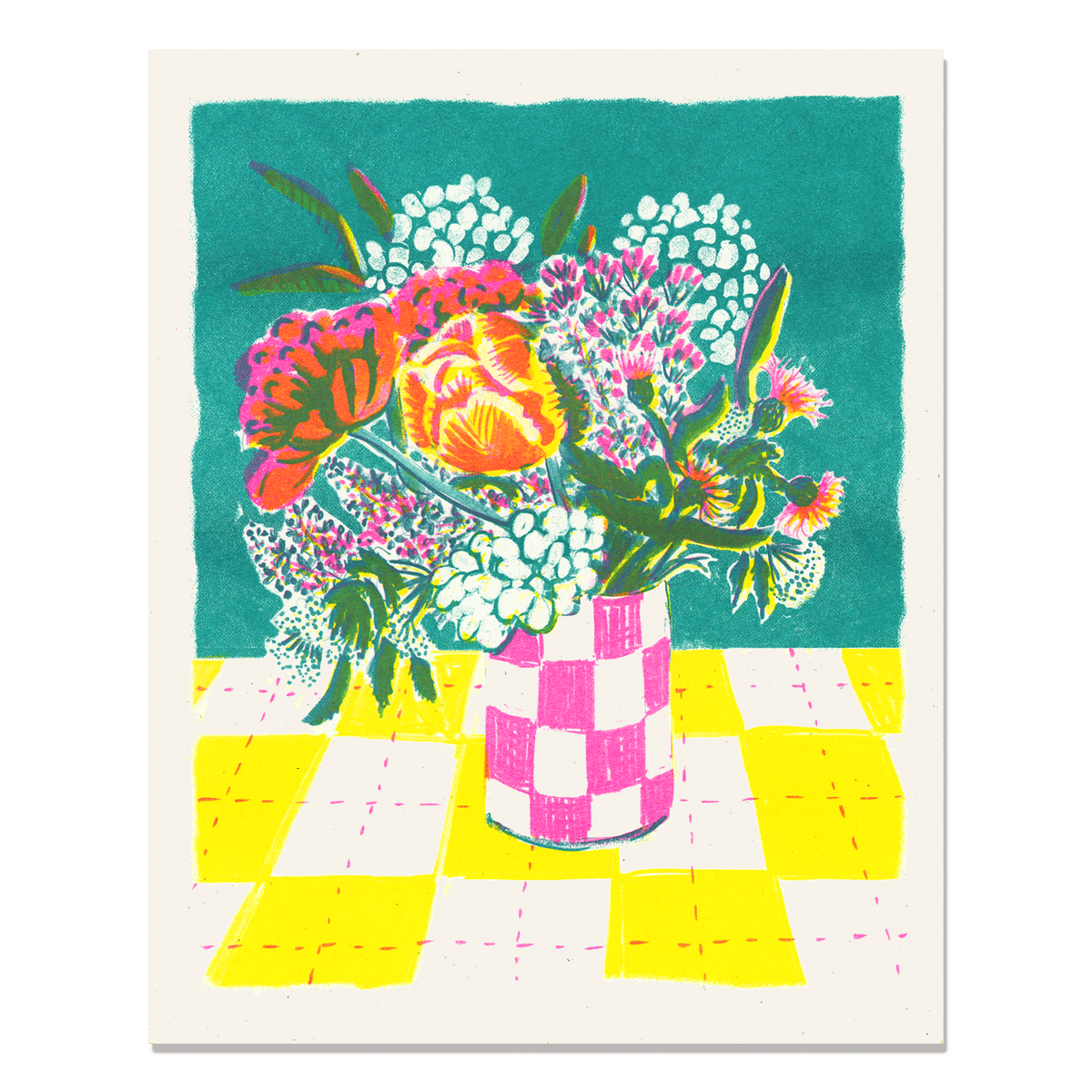 Hydrangea and Checks Risograph Art Print – Heartell Press